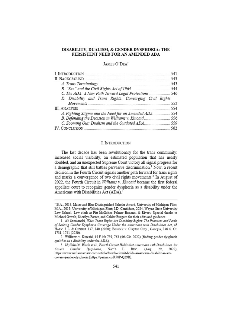 O'Dea DISABILITY, DUALISM, & GENDER DYSPHORIA: THE PERSISTENT NEED FOR ...