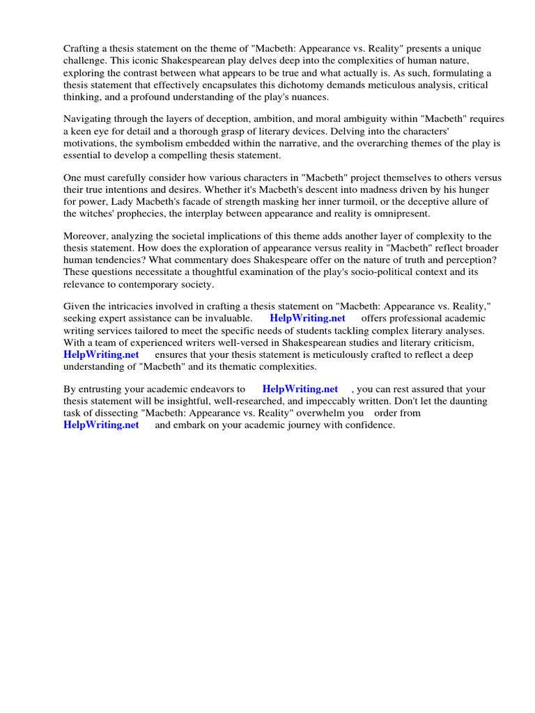 Thesis Statement Macbeth Appearance Vs Reality | PDF | Macbeth