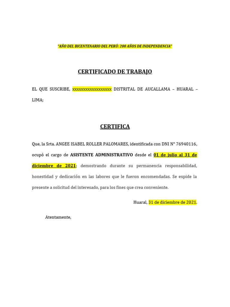 Certificado de Trabajo: Asistente Administrativo | PDF
