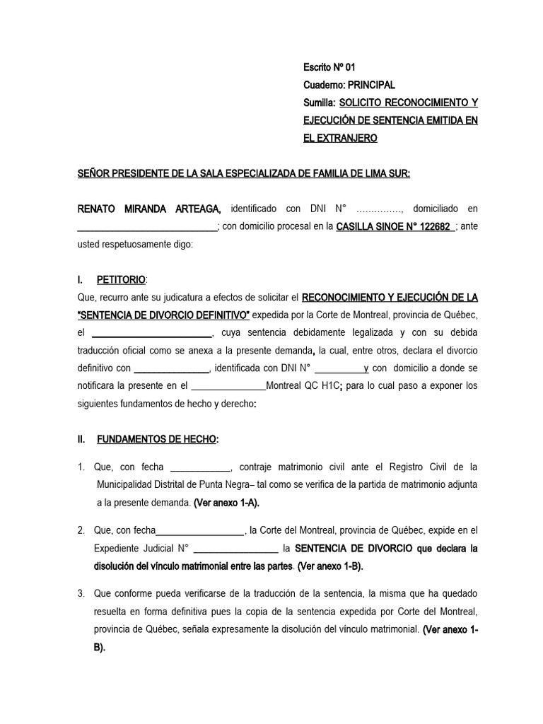 Demanda de Exequatur | PDF | Sentencia (ley) | Divorcio