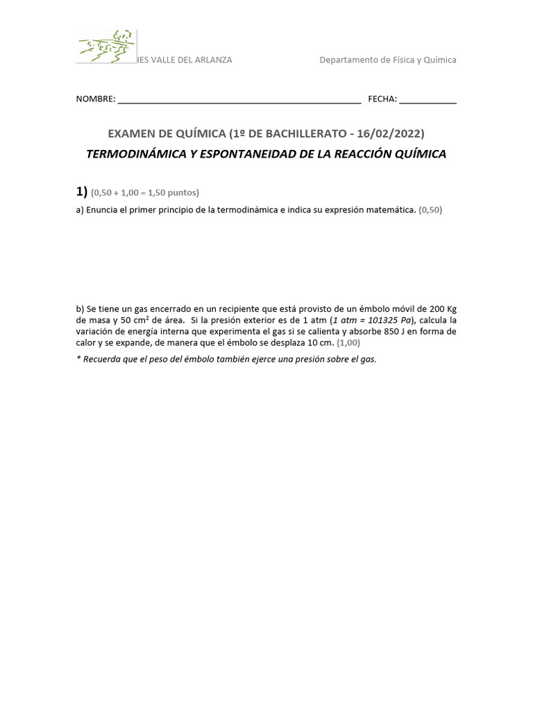 Examen FyQ 1º BACH - 16-02-2022 | PDF | Entalpía | Gases