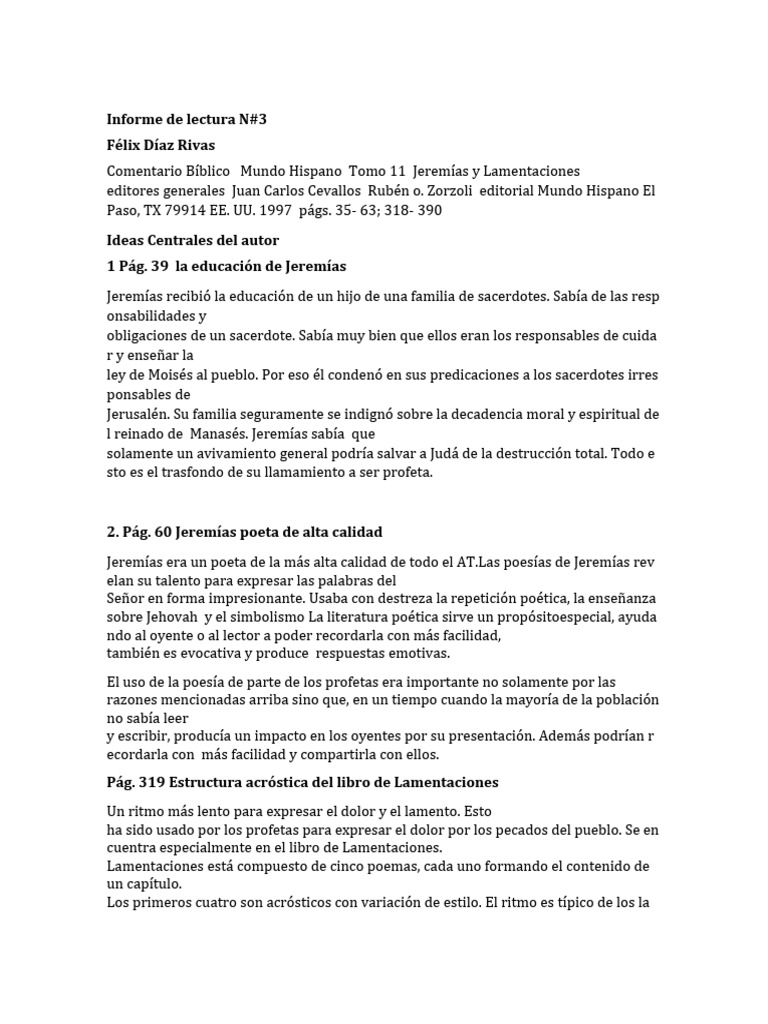 Informe de Lectura n3 Lamentaciones | PDF | Jeremías