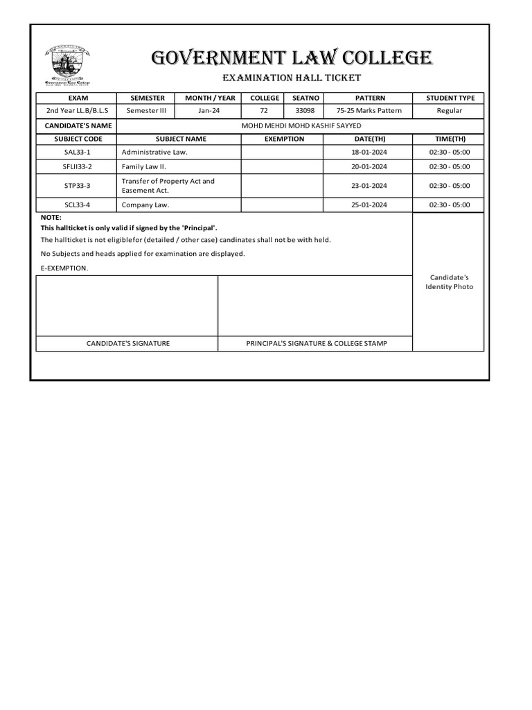2024 LL.B Exam Hall Ticket Details | PDF