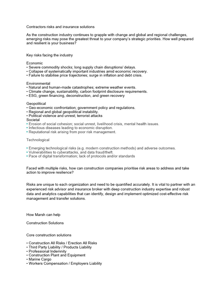 Contractors Risks and Insurance Solutions | PDF | Insurance ...