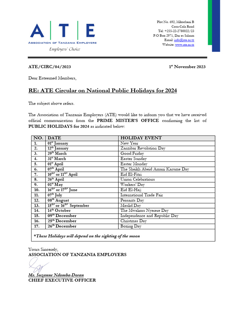 Tanzania 2024 Public Holidays List | PDF