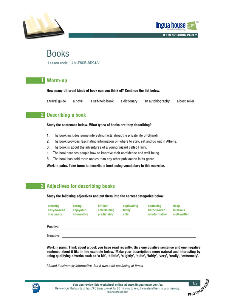 IELTS Speaking Part 2: Describing Books | PDF | Books | Flashcard