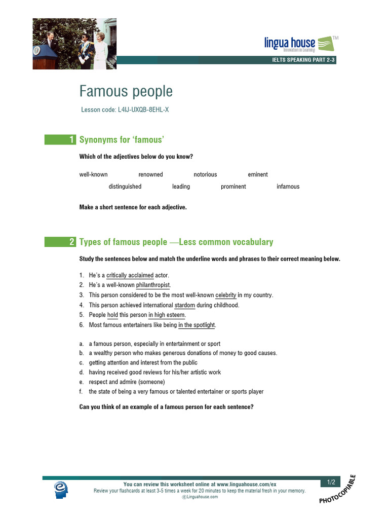 Famous People (IELTS Speaking Part 2-3) | PDF | Celebrity | Vocabulary