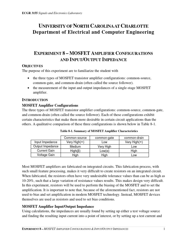 Ecgr3155 Experiment 8 Mosfet Amplifiers Configurations And Input Output Impedances Pdf 