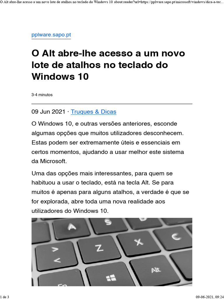 O Alt Abre-Lhe Acesso A Um Novo Lote de Atalhos No Teclado Do Windows 10 | PDF | Windows 10 ...