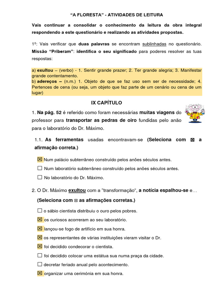 A Floresta - Atividades Leitura Cap. IX - XI (Proposta de Correção ...