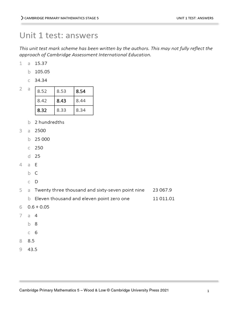 Prim Maths 5 2ed TR Unit Test Answers | Download Free PDF | Area | Geometry