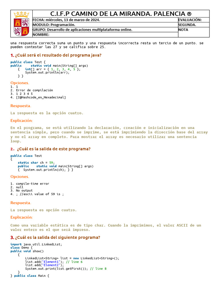 examen camino de la miranda programación segunda eval | PDF | Java (lenguaje de programación ...