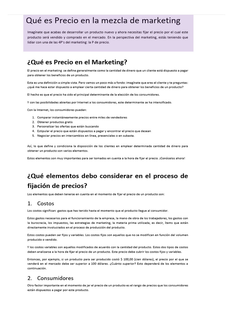 El precio en la mezcla de marketing | PDF | Marketing | Precios
