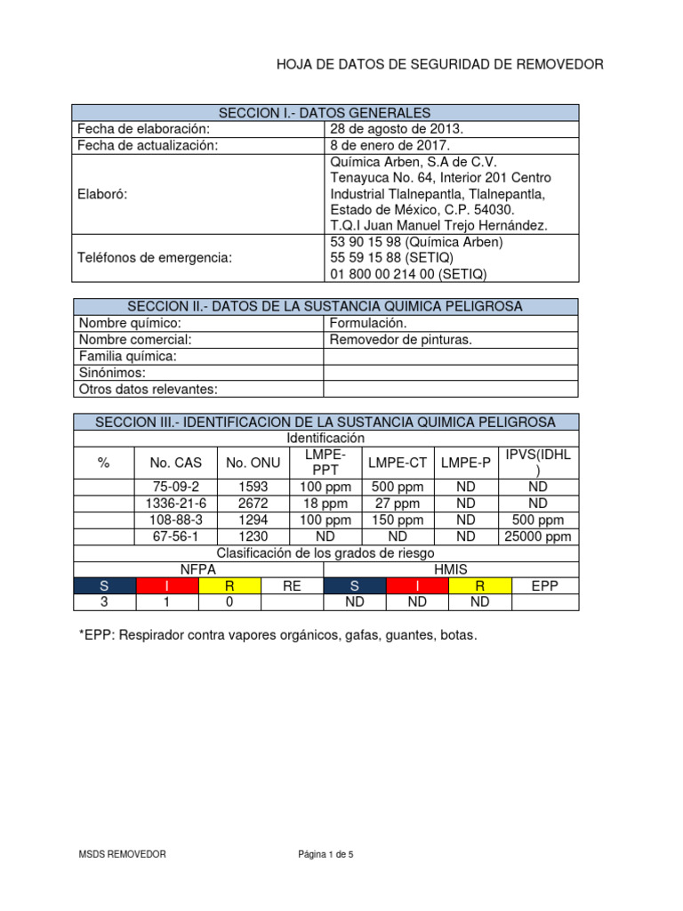 Hoja De Seguridad Del Removedor De Pinturas Pdf Combustión Agua