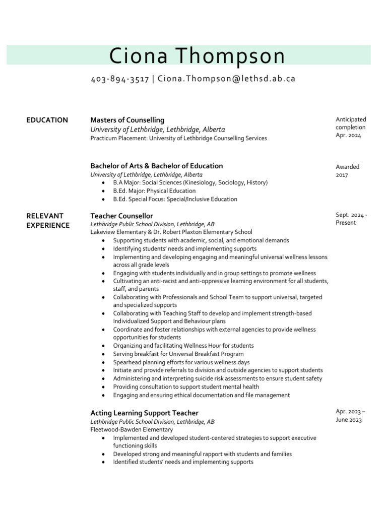 Thompson Ciona Cvcounselling Updated March6 2024 | PDF | Teachers | Behavior Modification