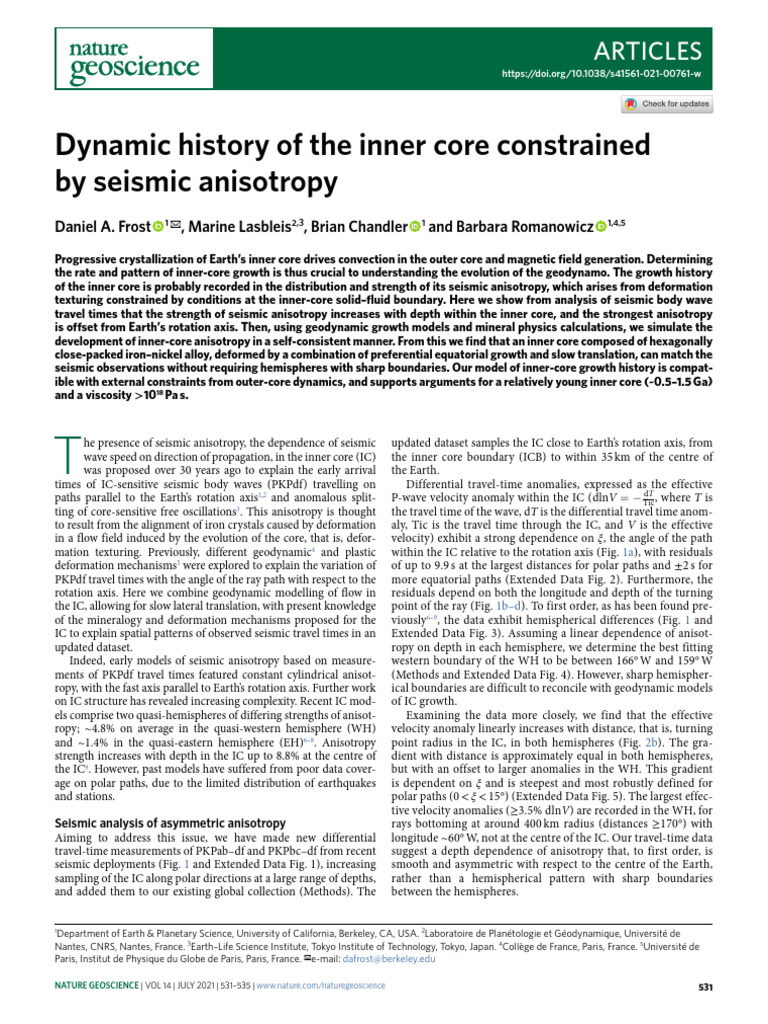 Dynamic History of The Inner Core Constrained by Seismic Anisotropy ...