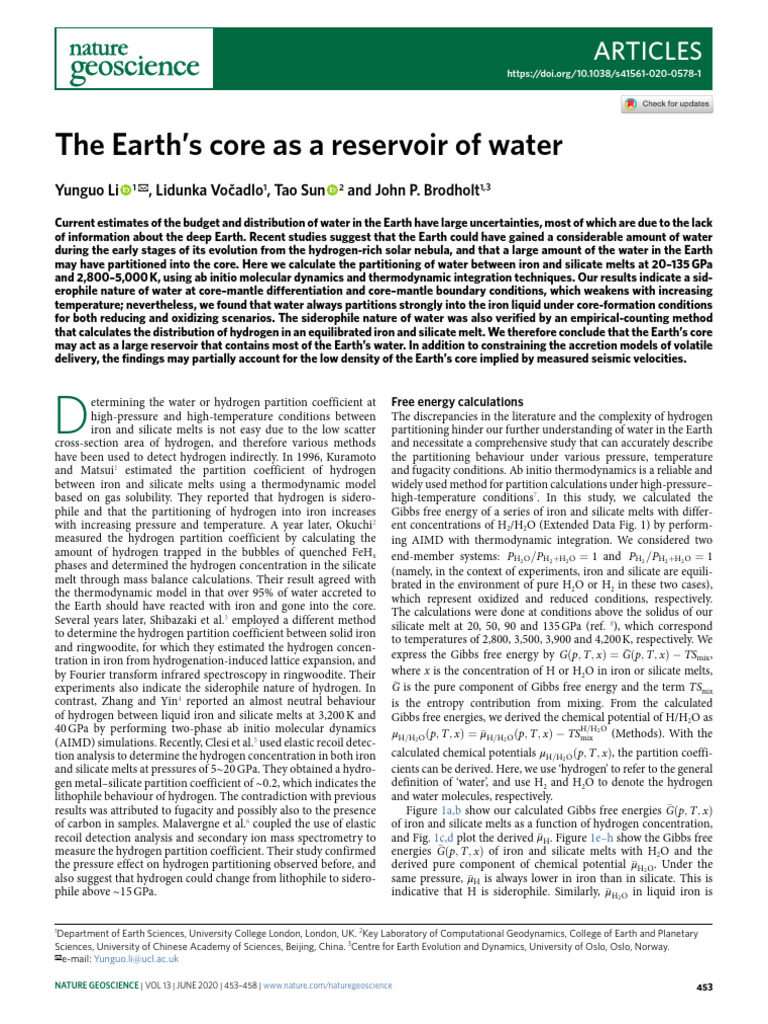 The Earth's Core As A Reservoir of Water: Articles | PDF | Planetary Core | Iron