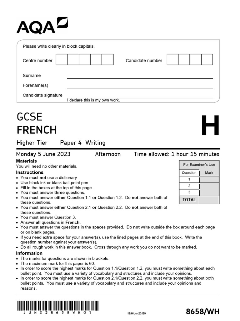 AQA French Higher Writing Paper 2023 | PDF