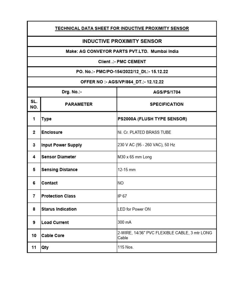 Data Sheet For Proximity Sensor PS2000A - (Dia.-30 - 2 Wire) - 230VAC ...