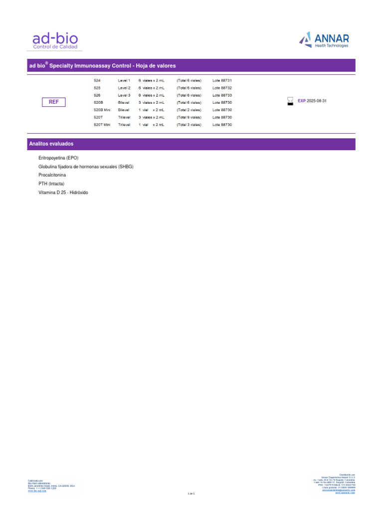 520b-Adbio Specialty Immunoassay - Hoja de Valores-Lote 88730 | PDF | Biology | Biotechnology