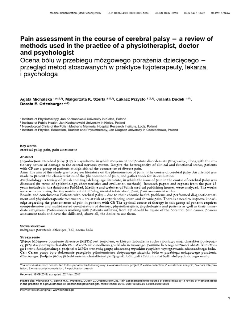 Pain Assessment Methods in Cerebral Palsy | PDF | Pain | Physical Therapy