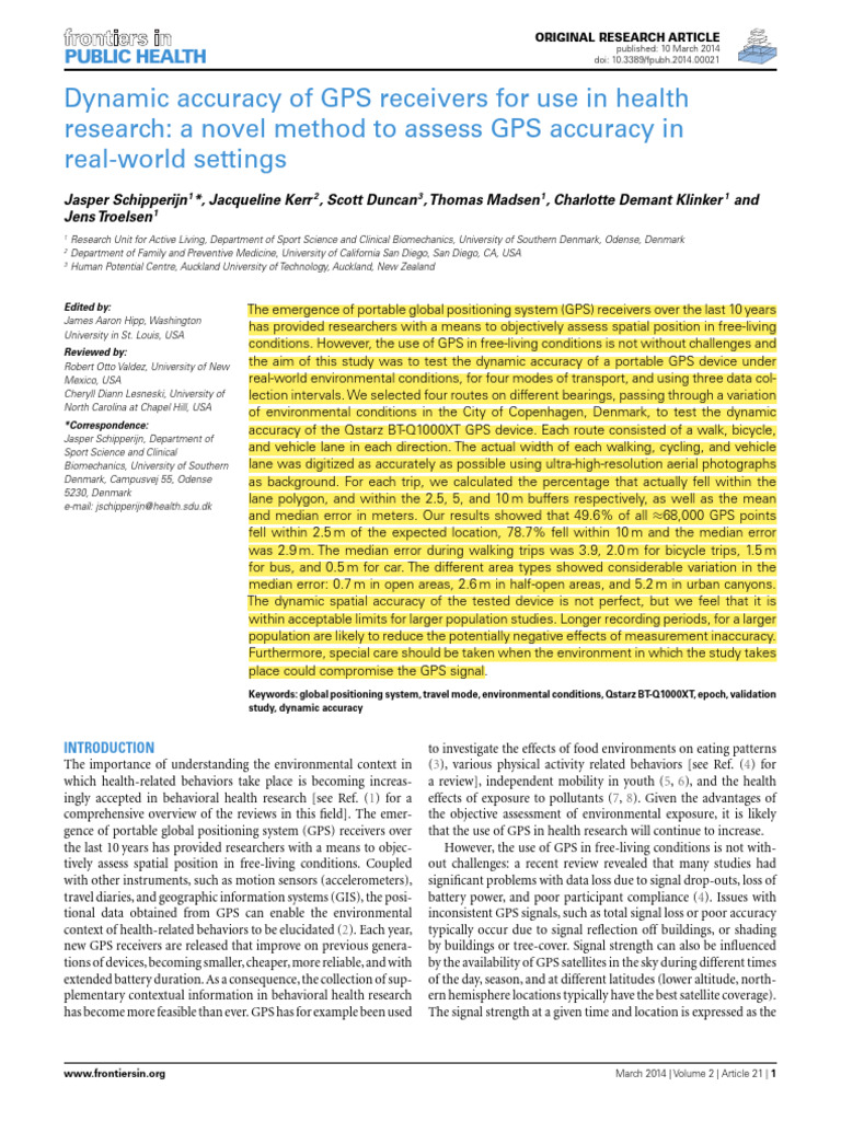 Dynamic Accuracy of GPS Receivers For Use in Health Research: A Novel Method To Assess GPS ...