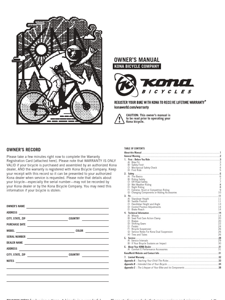 Kona Bicycle Owner's Manual | PDF | Traffic | Traffic Collision