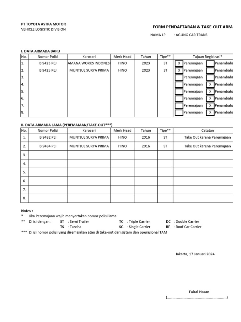 Form Registrasi Dan Take Out Armada 170124 | PDF