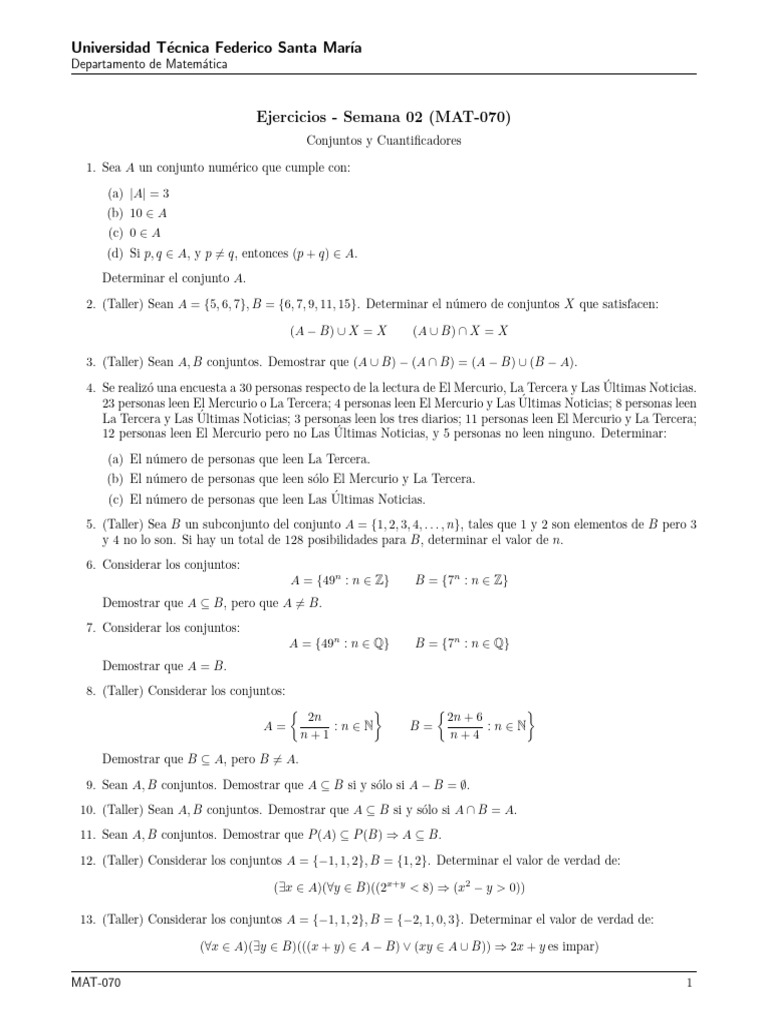 Guía de Ejercicios MAT-070 Semana 2 | PDF | Lógica | Conceptos matemáticos