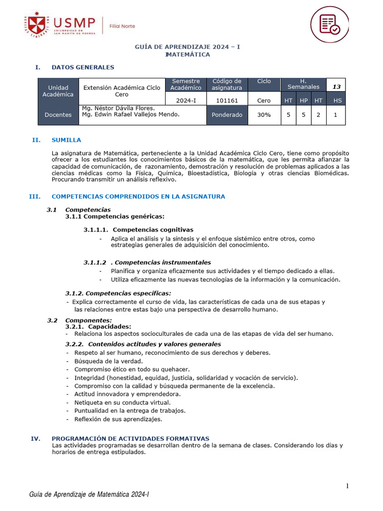 Guia - de - Aprendizaje - Matemática 2024 I | PDF | Evaluación ...