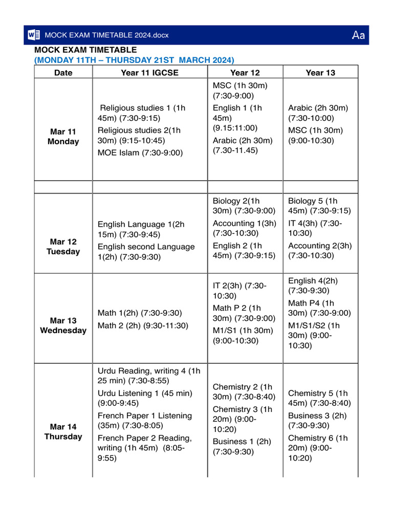 Mock Exam Timetable March 2024 | PDF