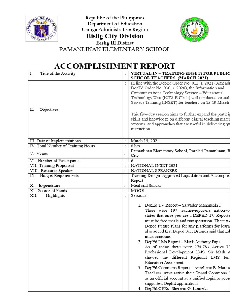 Accomplishment Report in INSET DAY 1 | PDF | Learning