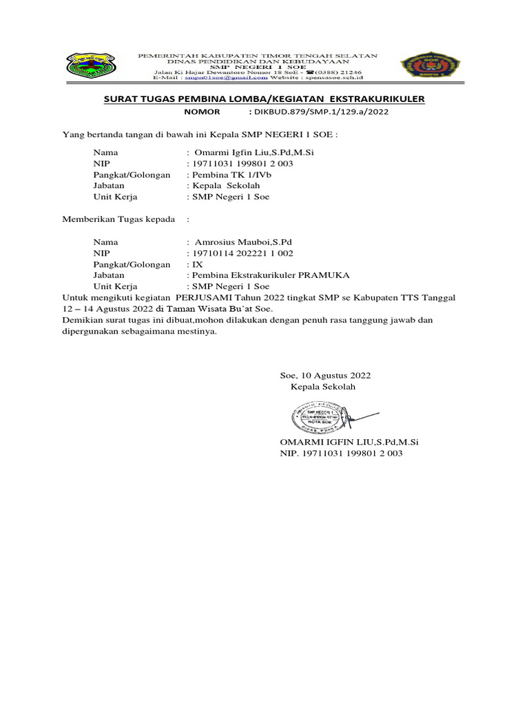 Surat Tugas Pembina Ekstrakurikuler | PDF