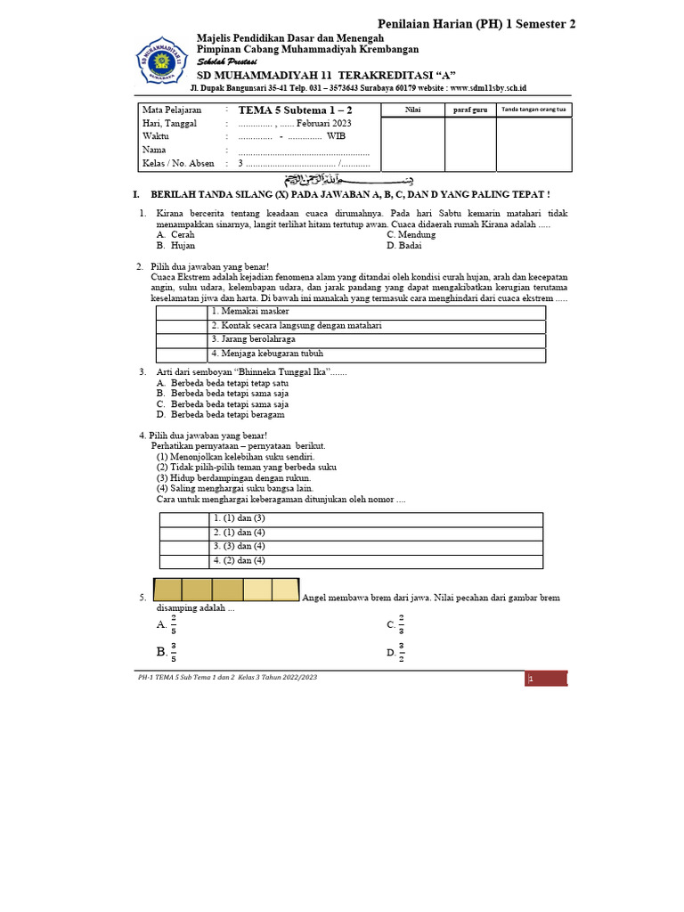 Soal Kelas 3 Tema 5 Subtema 1-4 | PDF