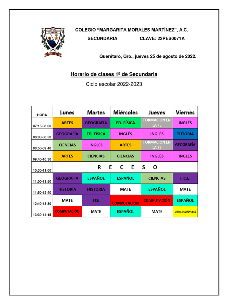 Horario 1º Secundaria 2022 - 2023 | PDF | Ciencias sociales
