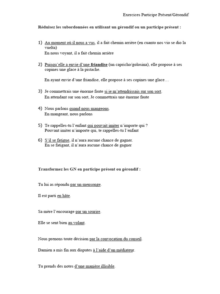 Exercices sur le Participe Présent et Gérondif | PDF | Bien-être