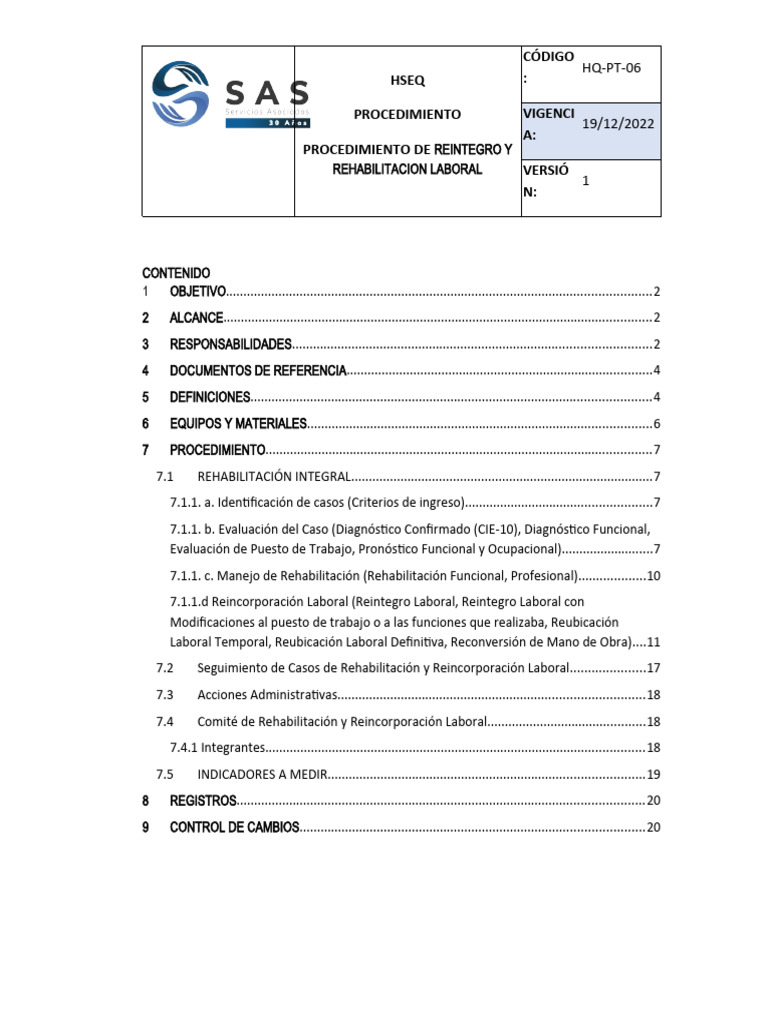 HQ-PT-06 Procedimiento de Reintegro y Rehabilitacion Laboral V1 | PDF