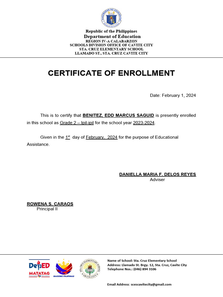 Sta. Cruz Elementary School Enrollment Certificate | PDF