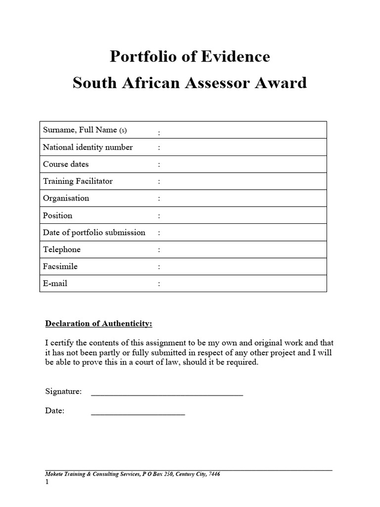 ASSESSOR PORTFOLIO OF EVIDENCE | PDF | Educational Assessment | Project ...