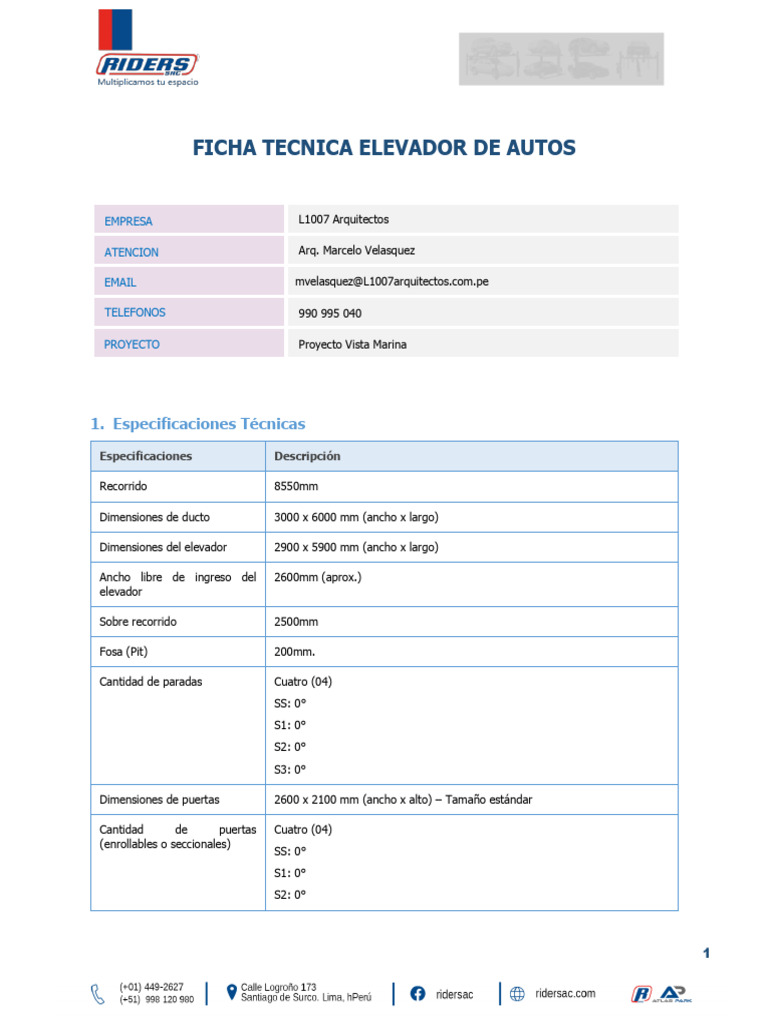Anexo 2 - Ficha Tecnica Elevador de Autos | PDF | Vehículos