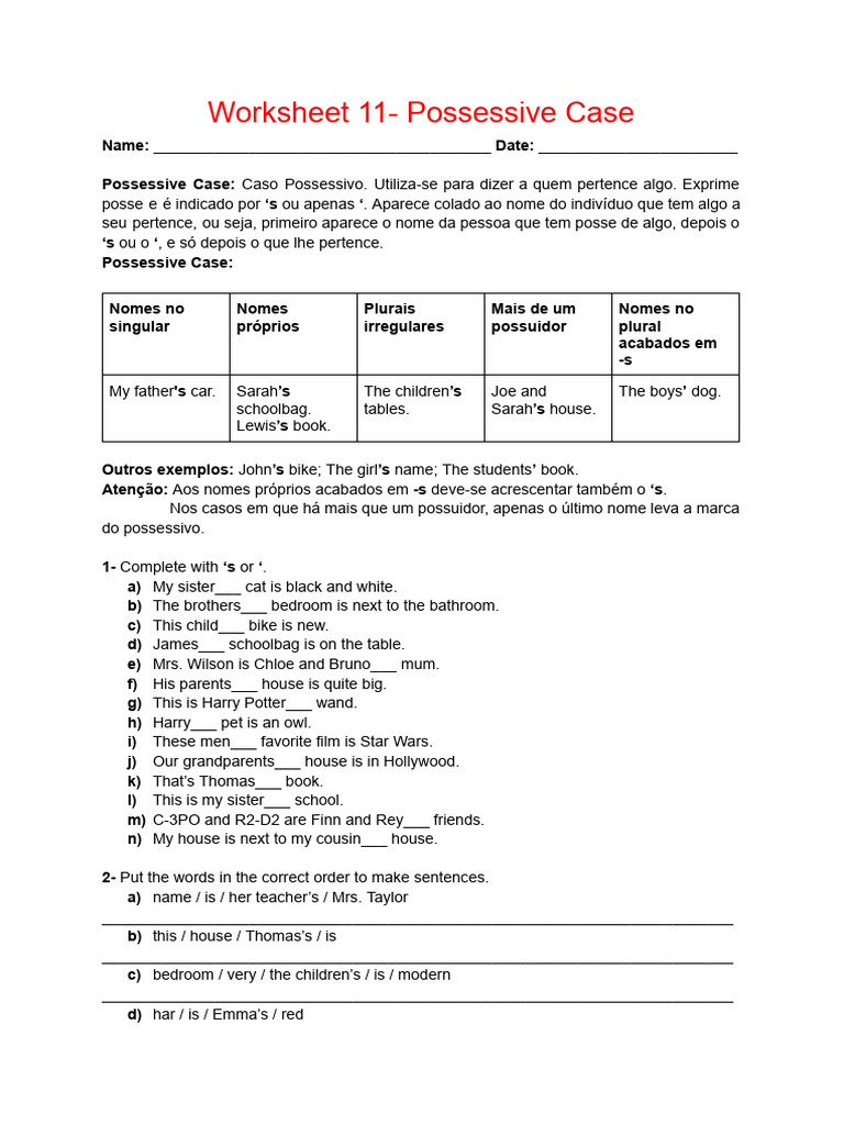 Worksheet 11- Possessive Case | PDF