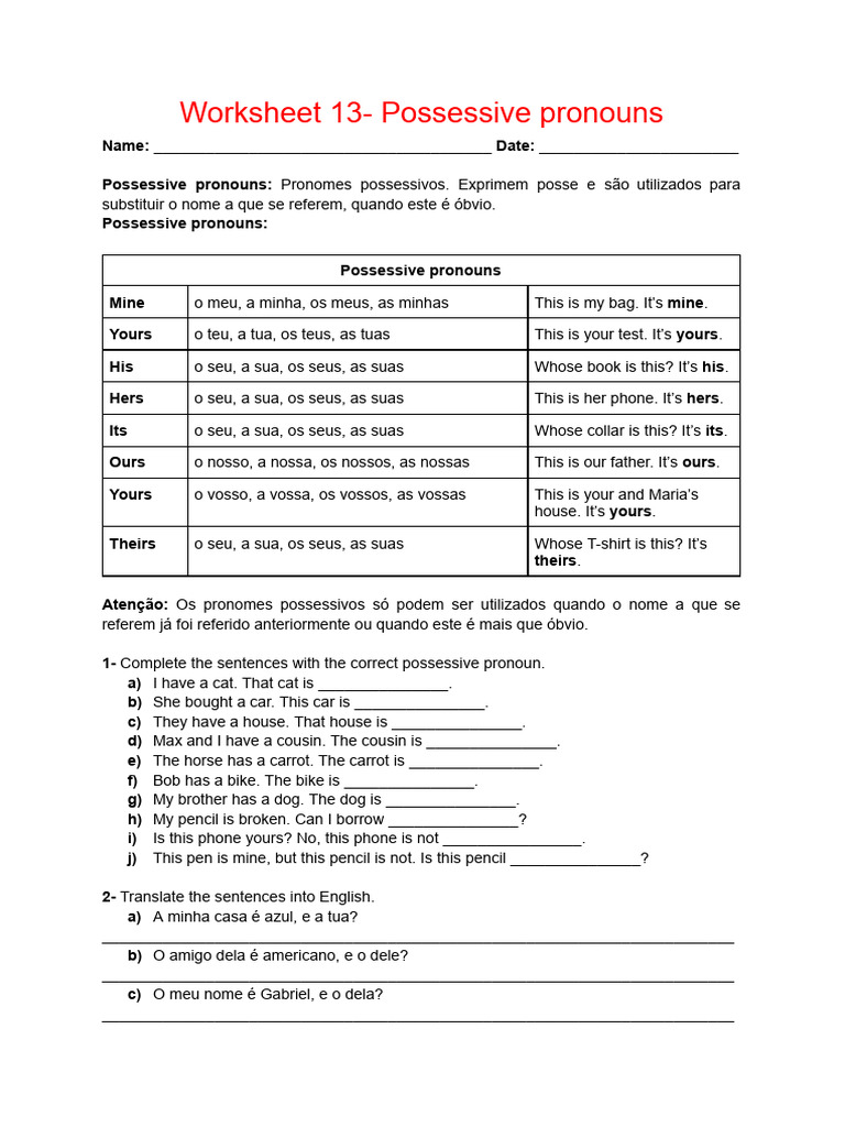 Worksheet 13 - Possessive Pronouns | PDF | Morfologia linguística ...