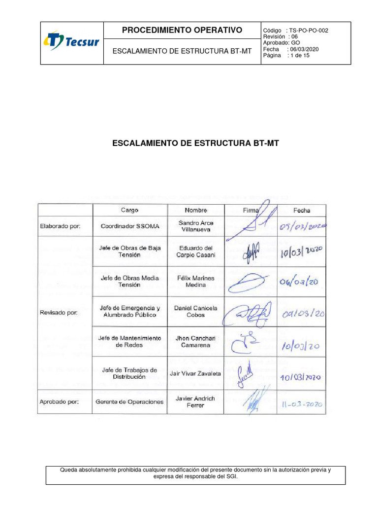TS-PO-PO-002 (06) Escalamiento de Estructura BT-MT | PDF | Escalera | Equipo