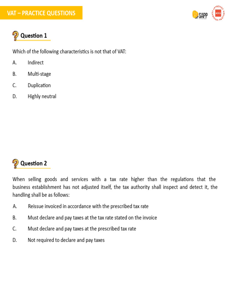 VAT Practice Questions for Tax Professionals | PDF | Value Added Tax | Taxes