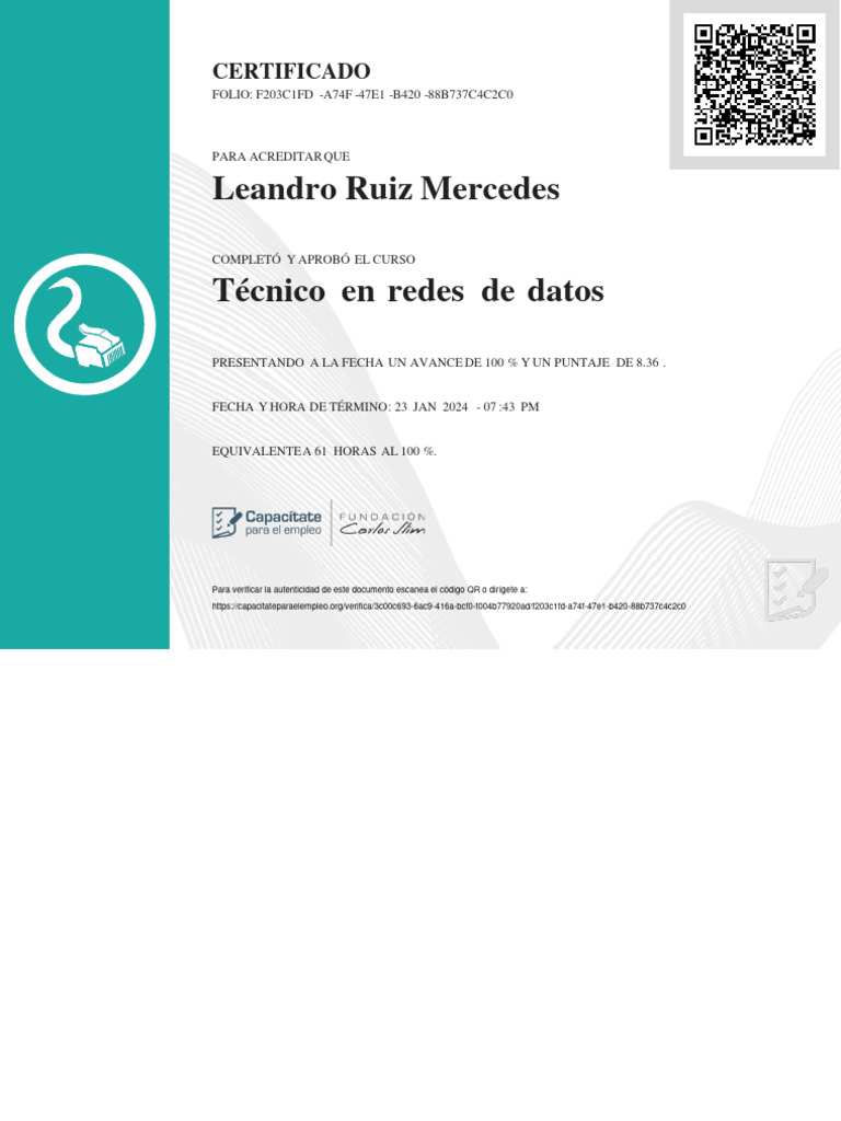 Certificado de Tecnico en Redes | PDF