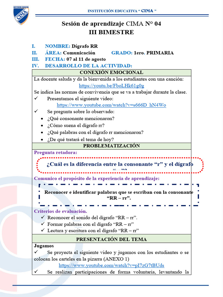 Dígrafo RR para 1er Grado Primaria | PDF | Aprendizaje | Cognición