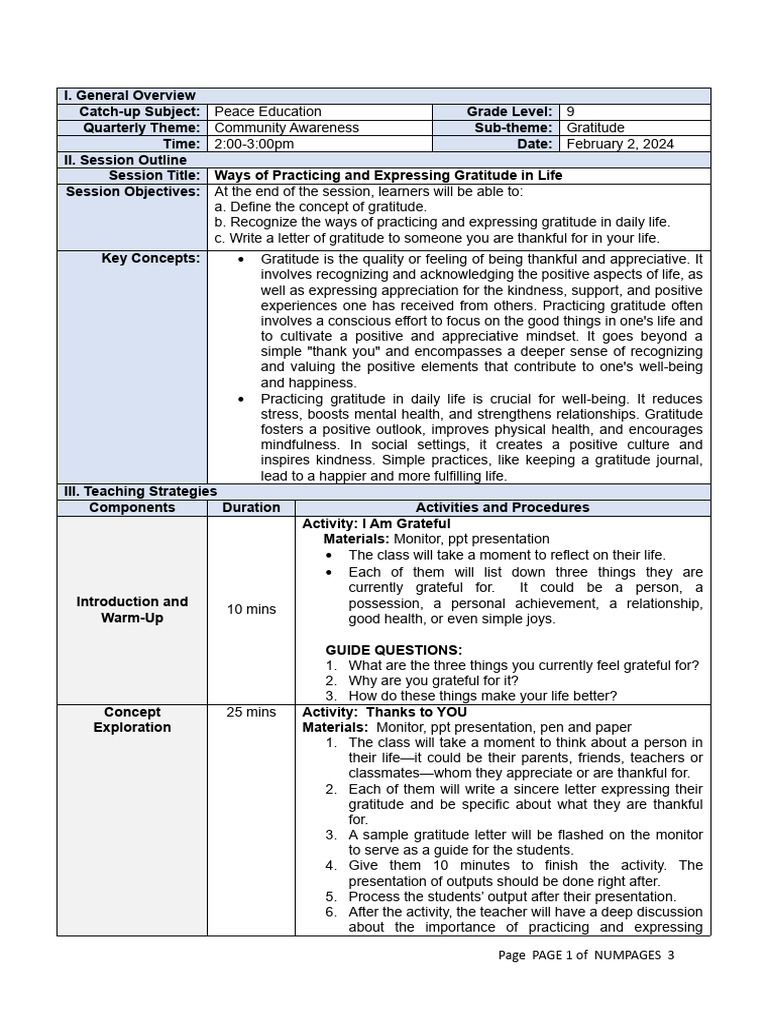 Teaching Guide Catchup Q3 Week1 PEACE EDUCATION | PDF | Gratitude ...