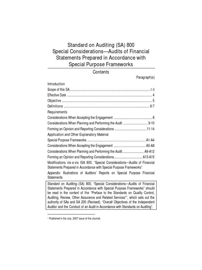 SA 800: Auditing Special Purpose Frameworks | PDF | Financial Audit ...