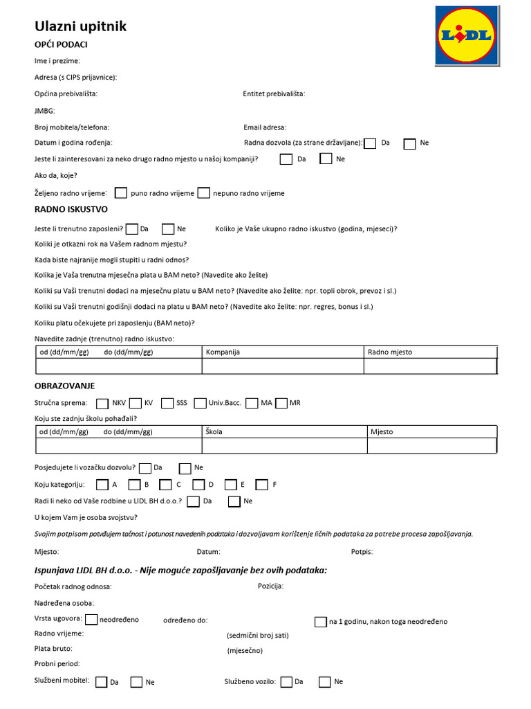 Ulazni Upitnik - Lidl BH | PDF