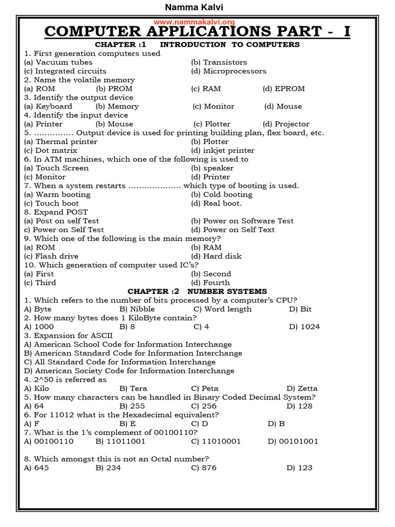 Namma Kalvi 11th Computer Application Part i - 1 Mark Questions | PDF ...